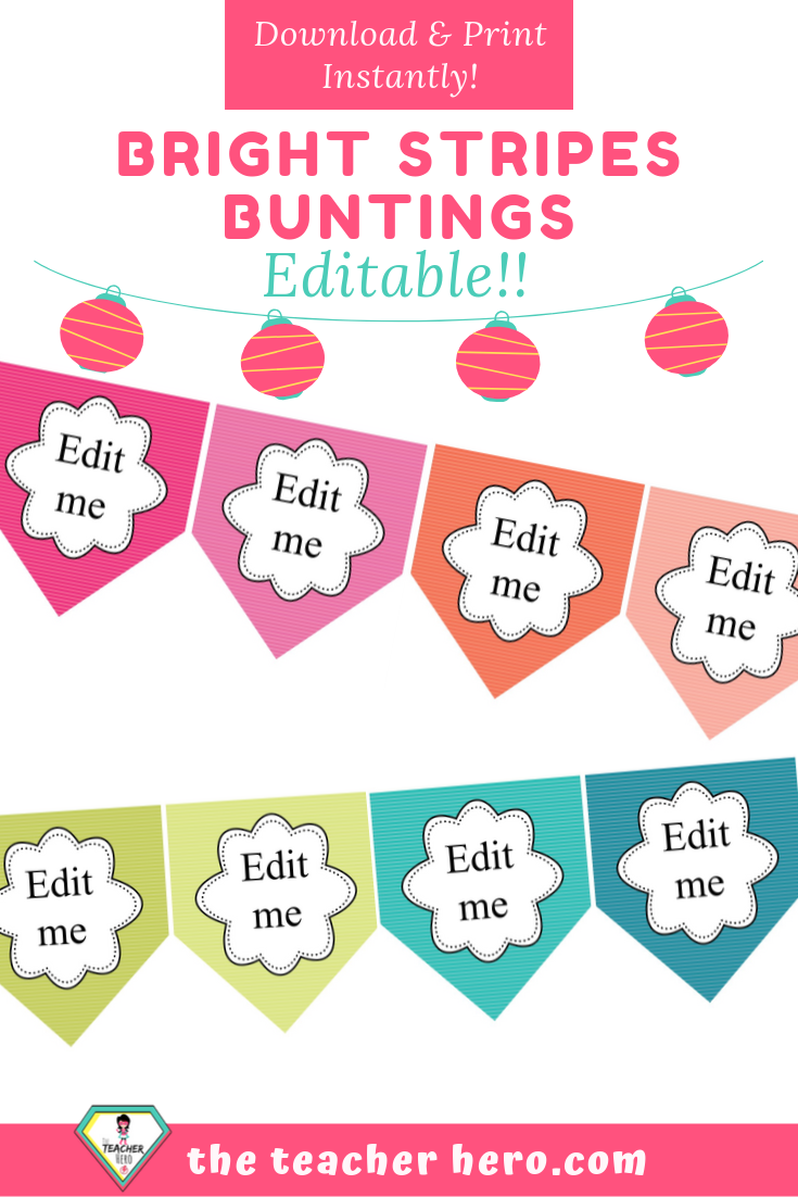 Editable Bunting- Bright Stripes - The Teacher Hero
