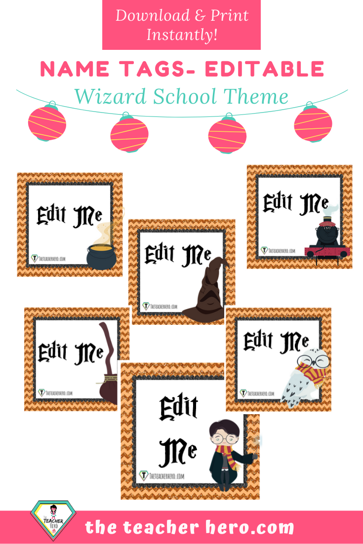 Editable Name Tags Wizard School Theme - The Teacher Hero