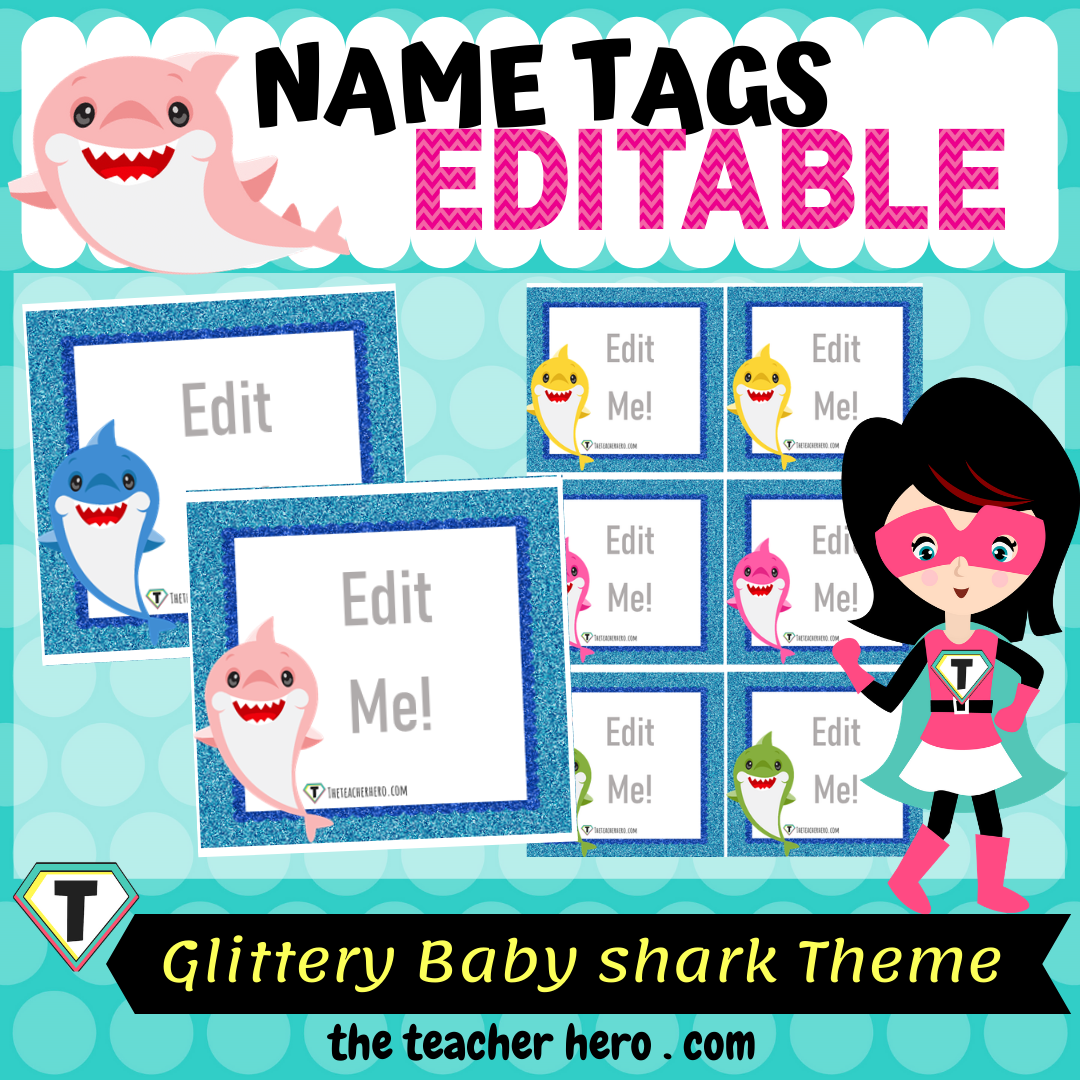Baby Shark Theme Name Tags- Editable - The Teacher Hero