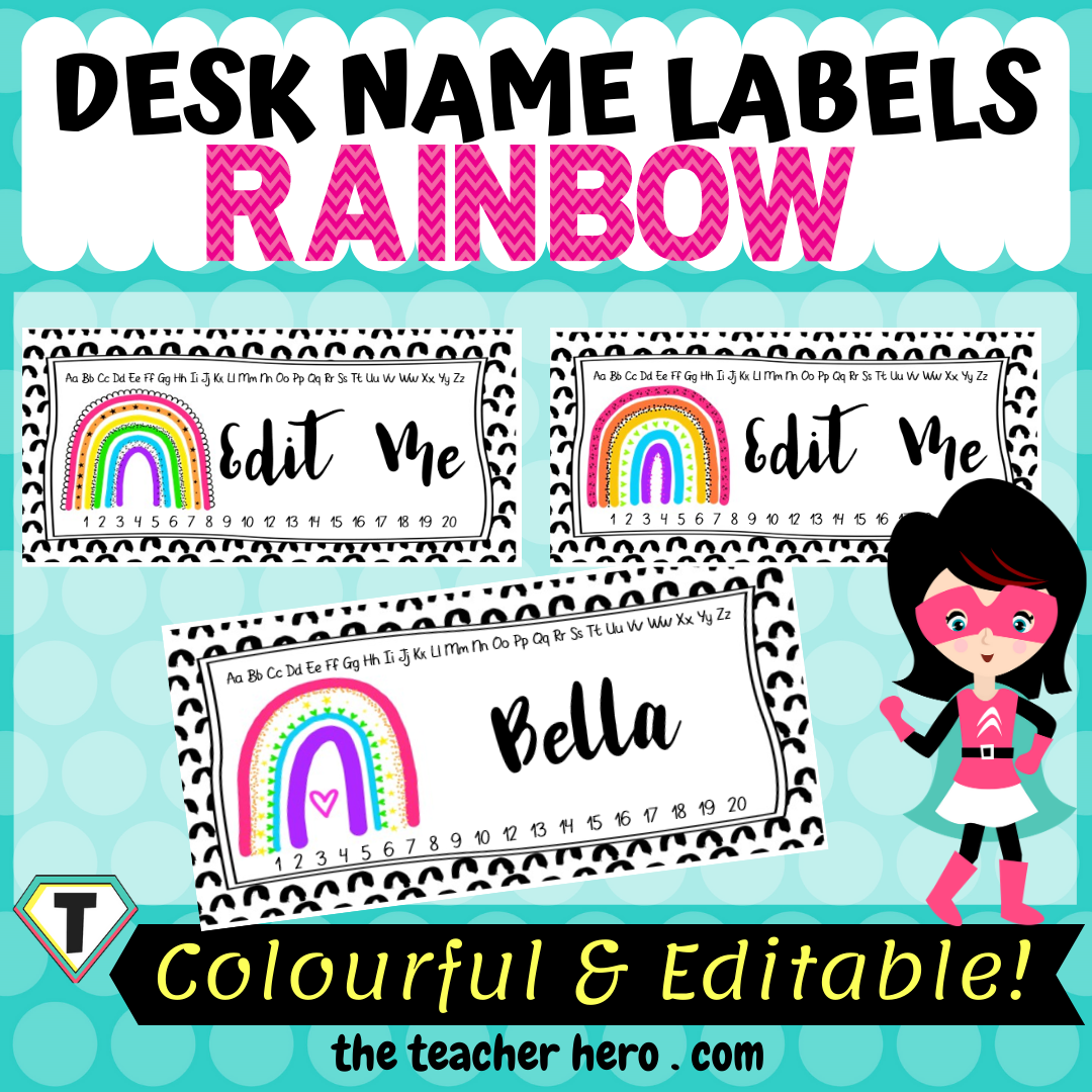 Editable Desk Name Tags- Rainbow - The Teacher Hero