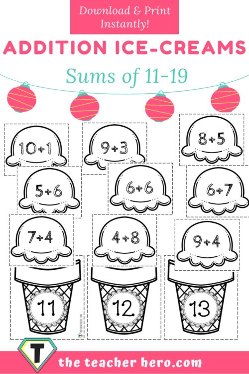 Addition Ice-Creams B/W - The Teacher Hero