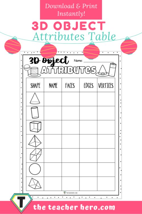 3D Objects Attributes Worksheet - The Teacher Hero