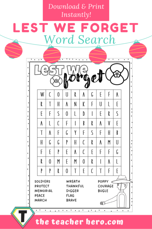 ANZAC / Remembrance Day Word Search - The Teacher Hero