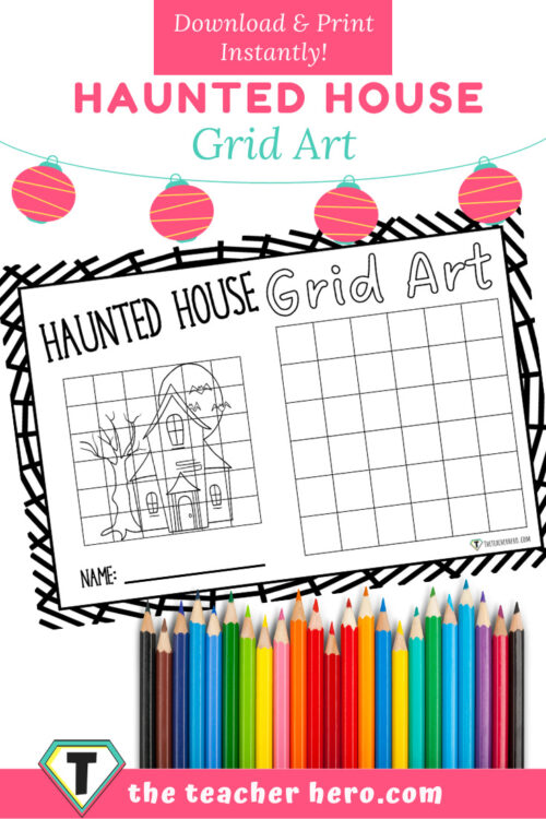 Halloween Grid Art- Haunted House - The Teacher Hero